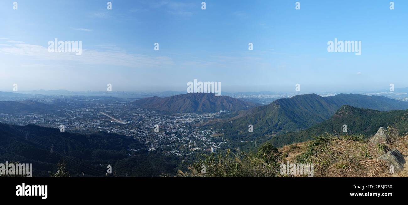 Mountain and villages from Tai Mo Shan, the top peak of Hong Kong Stock ...