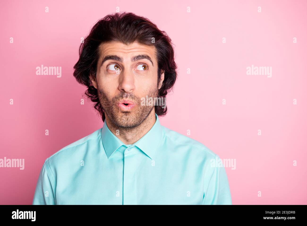 Photo of young handsome dreamy man think curious imagine plan look ...