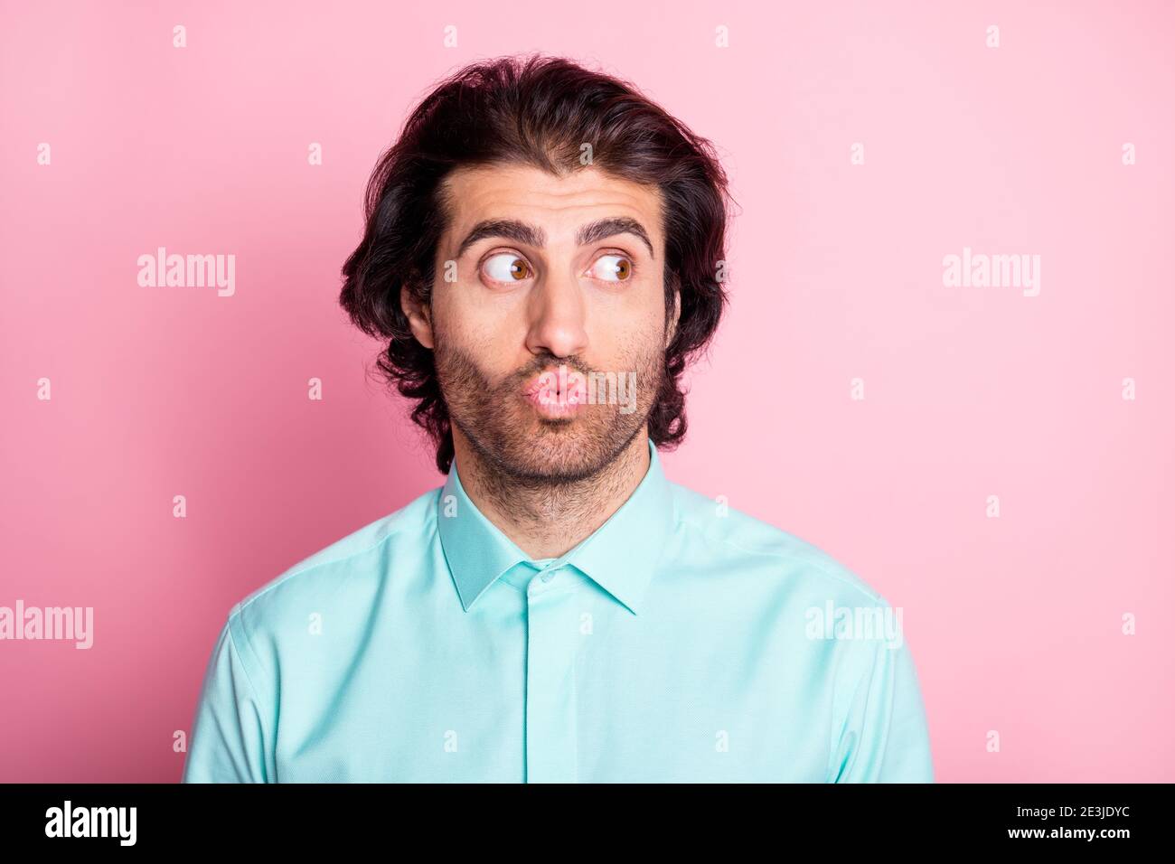 Photo of young handsome man lips pouted plump look empty space isolated ...