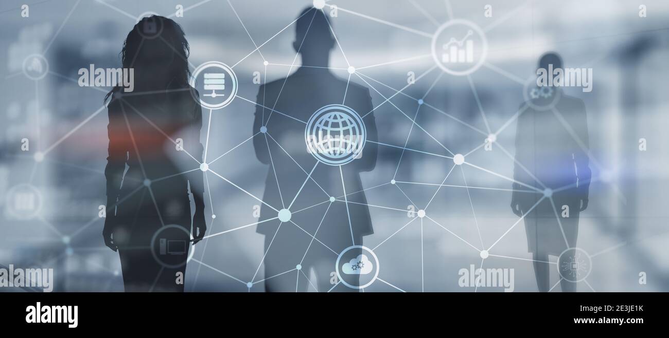 Communications project. Graphics on the background of office workers ...