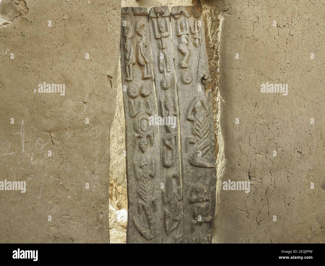 Wooden sculptures on Dogon doors in Sangha, Mali, Africa Stock Photo ...