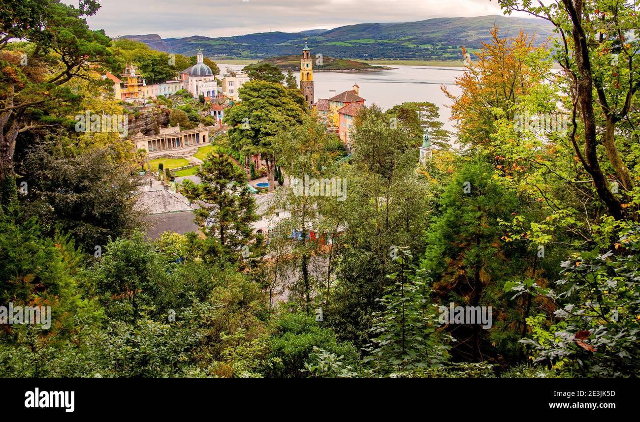 View through trees of Portmeirion, a village in Wales, designed by Sir ...