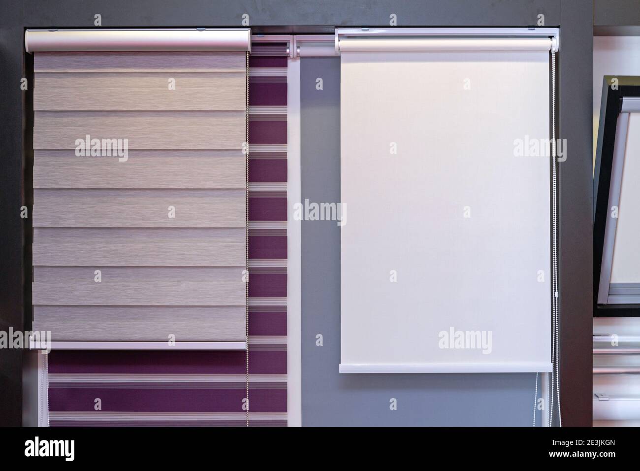 Modern Roll Blinds and Curtains at Windows Stock Photo - Alamy