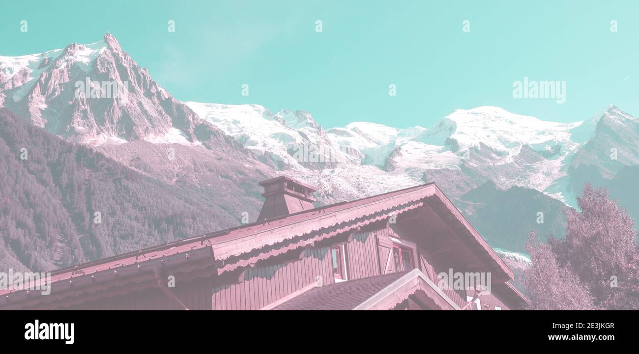 Vintage French Alps vacation background. Beautiful Alpine landscape ...