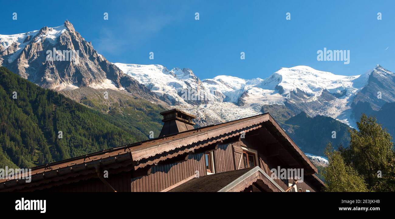 Beautiful Alpine landscape with snow covered Mont Blanc mountain in and ...