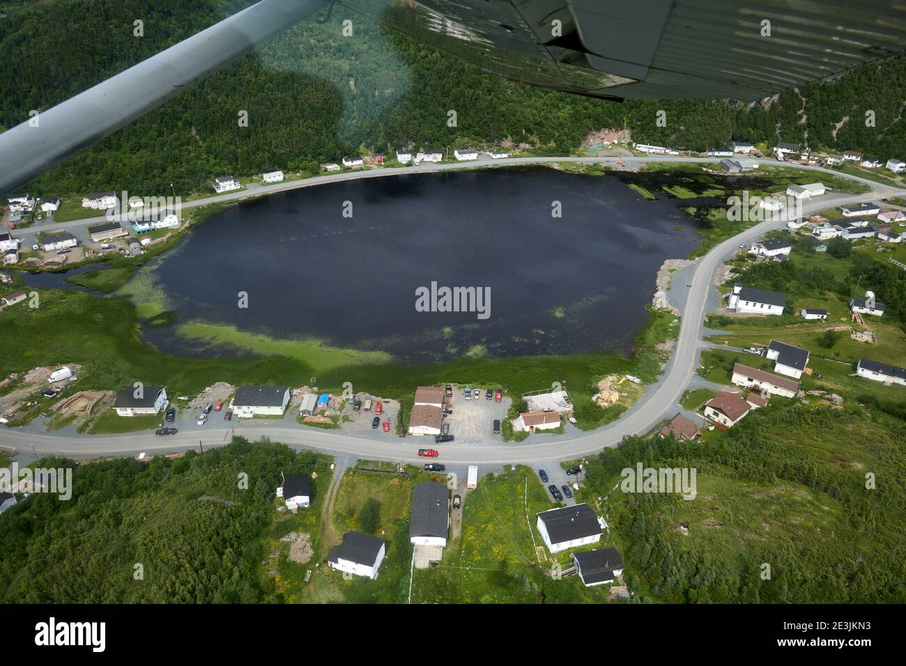Aerial view of small community around lake in Newfoundland Stock Photo ...