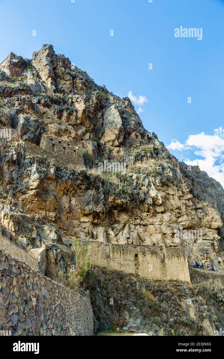 Mountainside qullqas (storehouses) in Ollantaytambo, an Inca ...