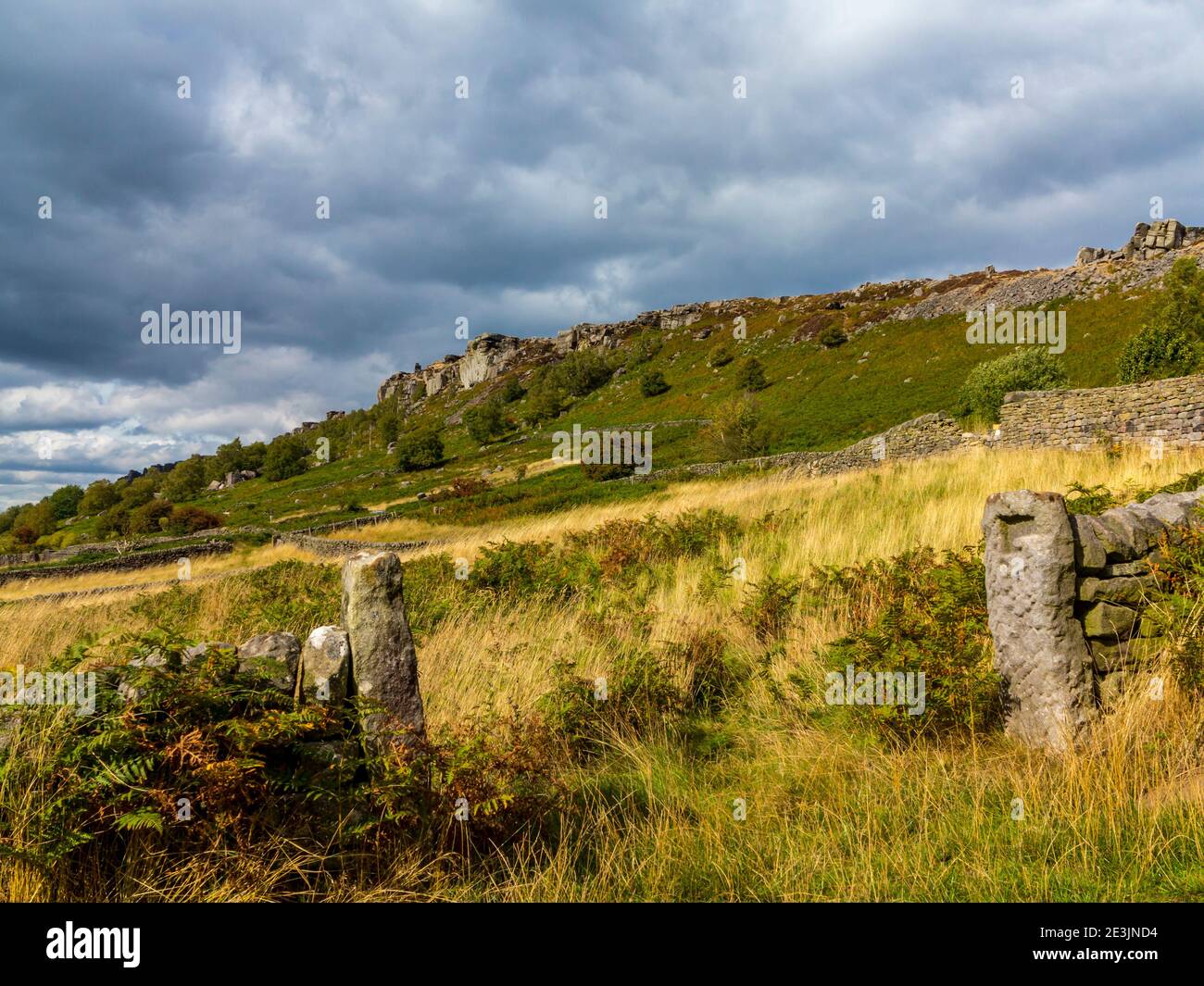 Late summer view of Curbar Gap and Curbar Edge in the Peak District ...