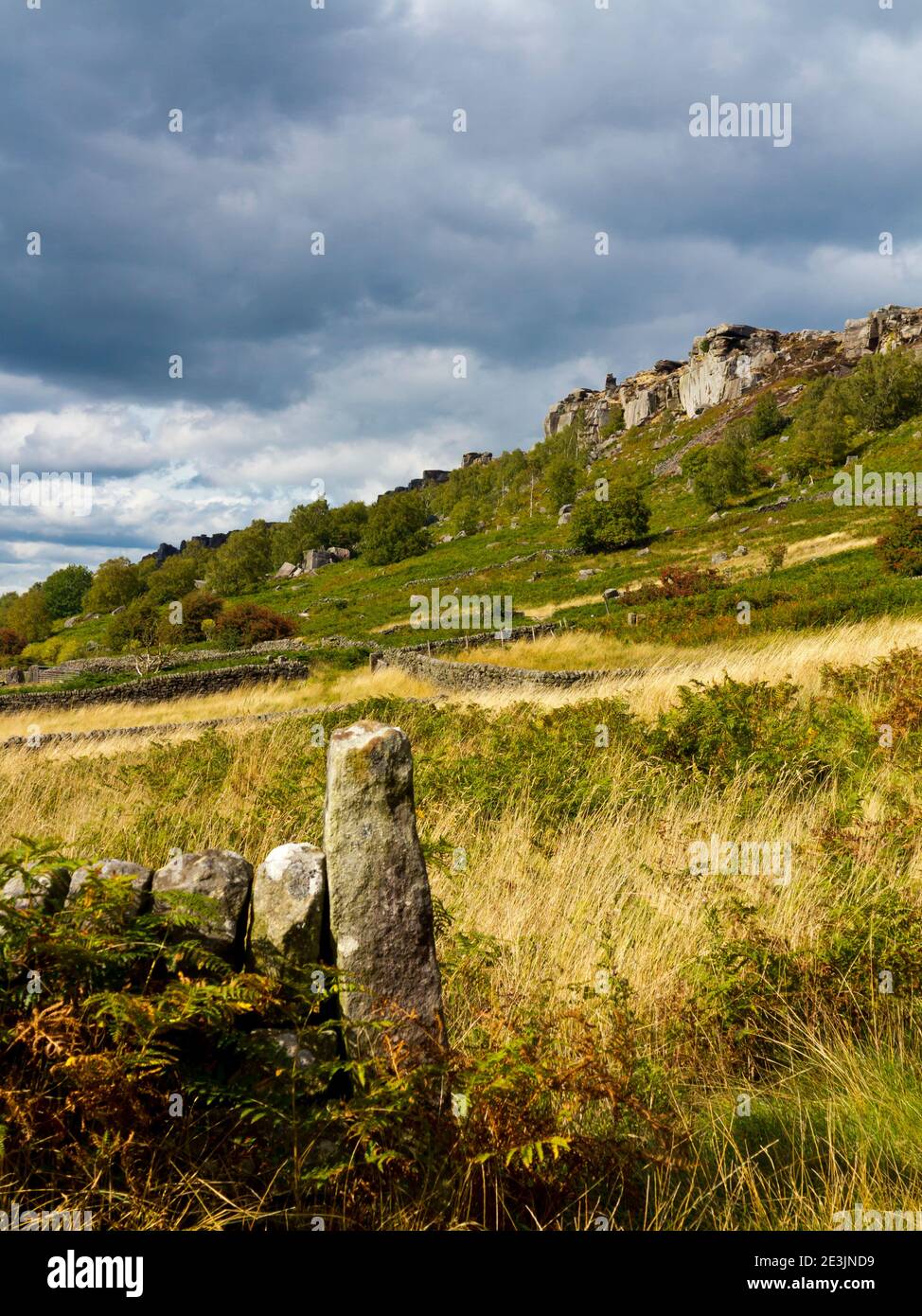 Late summer view of Curbar Gap and Curbar Edge in the Peak District ...