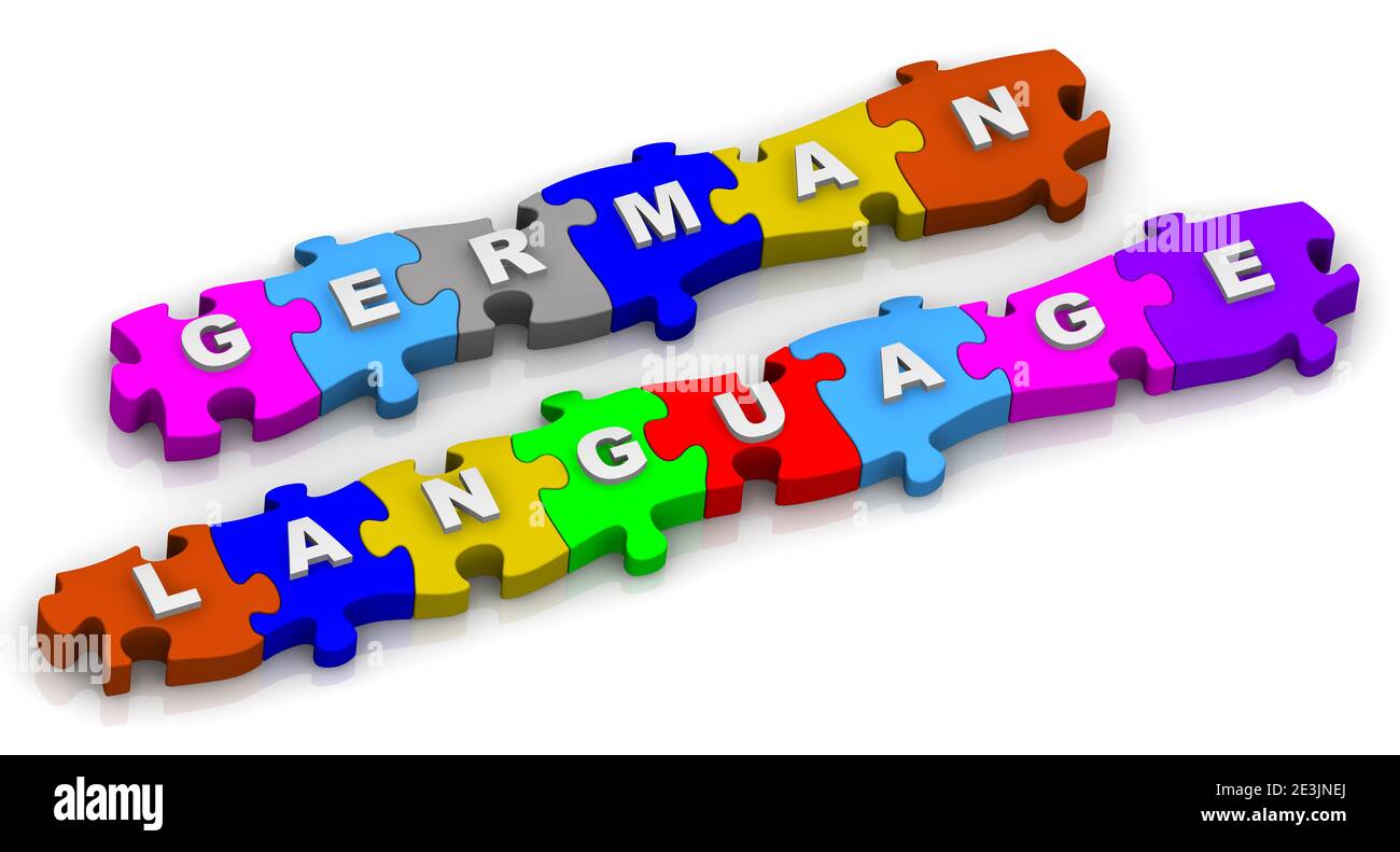 German language. Inscription on the multicolored puzzles. White ...