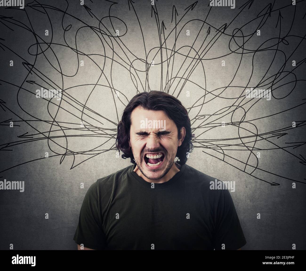 Angry and frustrated man screaming and yelling, eyes closed. Mess lines ...