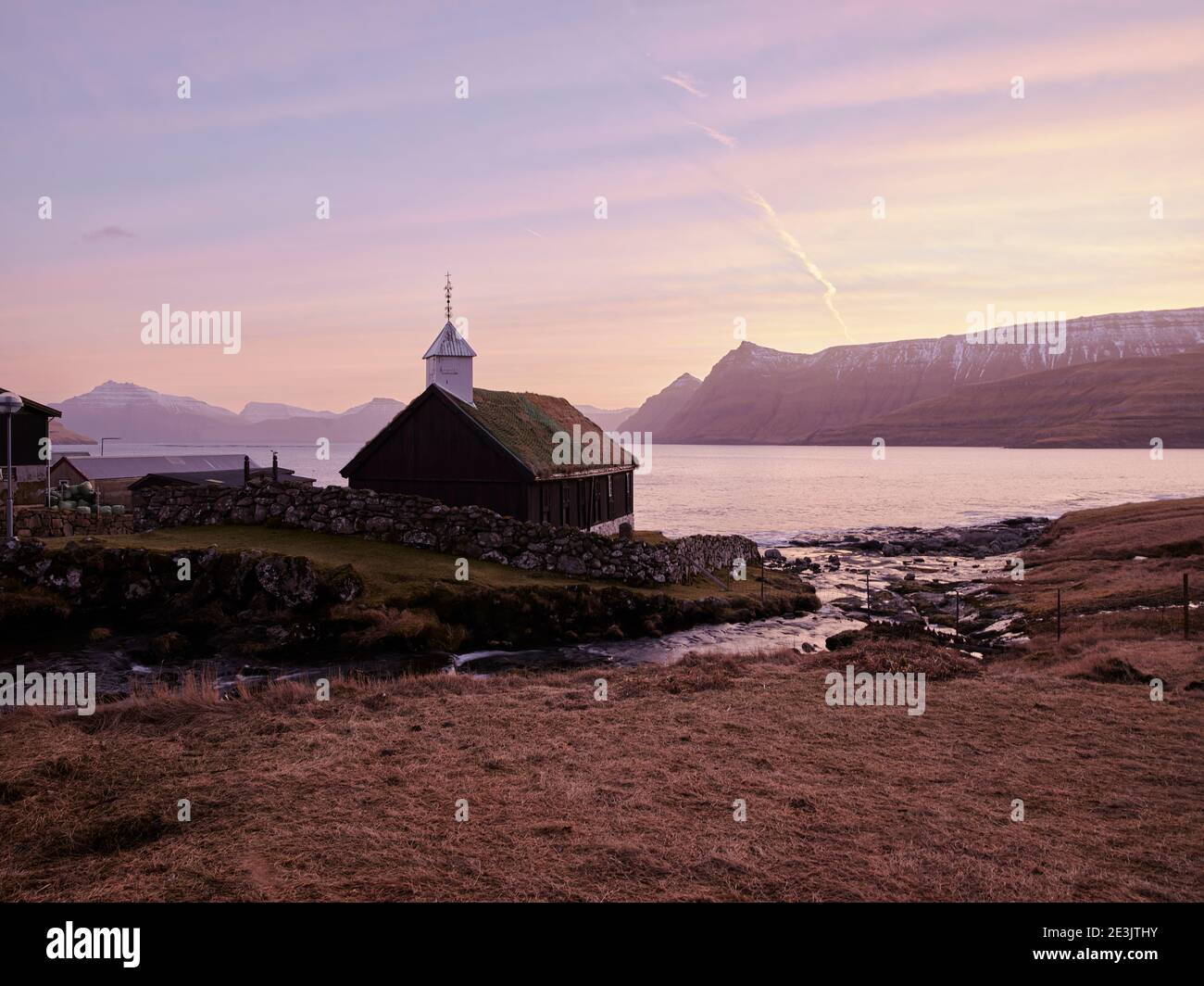 Church in Funningur at sunsrise in the Faroe Islands Stock Photo - Alamy