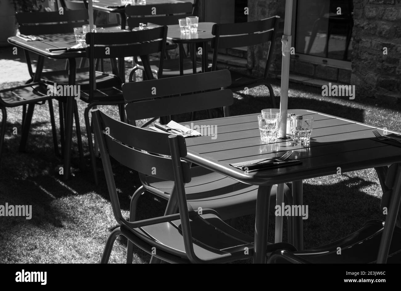 Empty cafe terrace setting for lunch. Nobody. Abandoned lifestyle ...