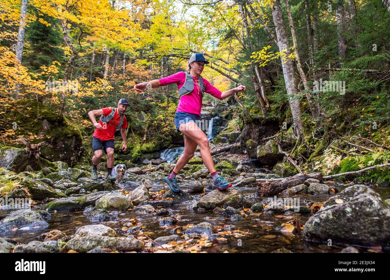 Man and woman trail runners rock-hopping in a river with fall foliage ...