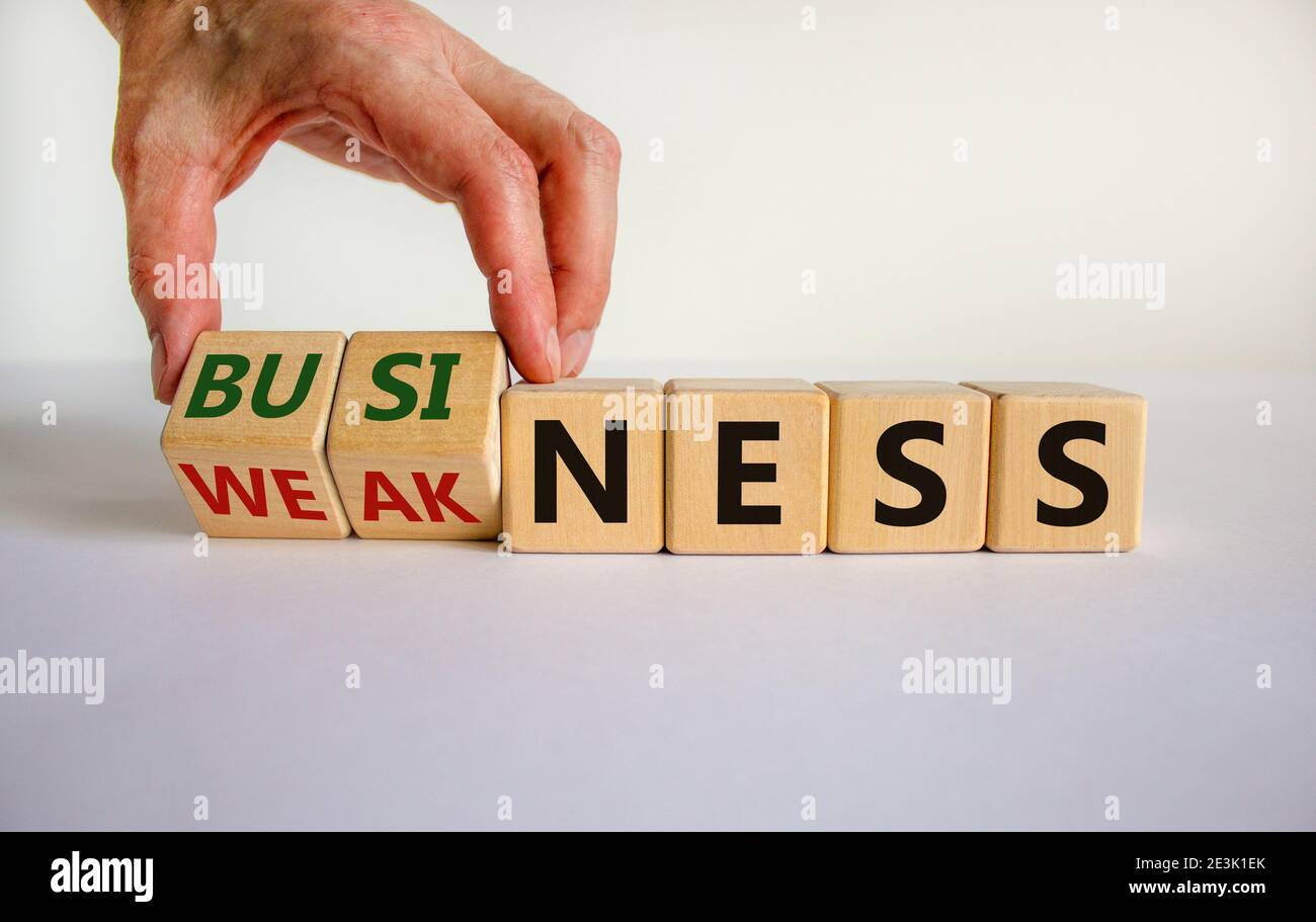 Business or weakness symbol. Businessman hand turns wooden cubes and ...