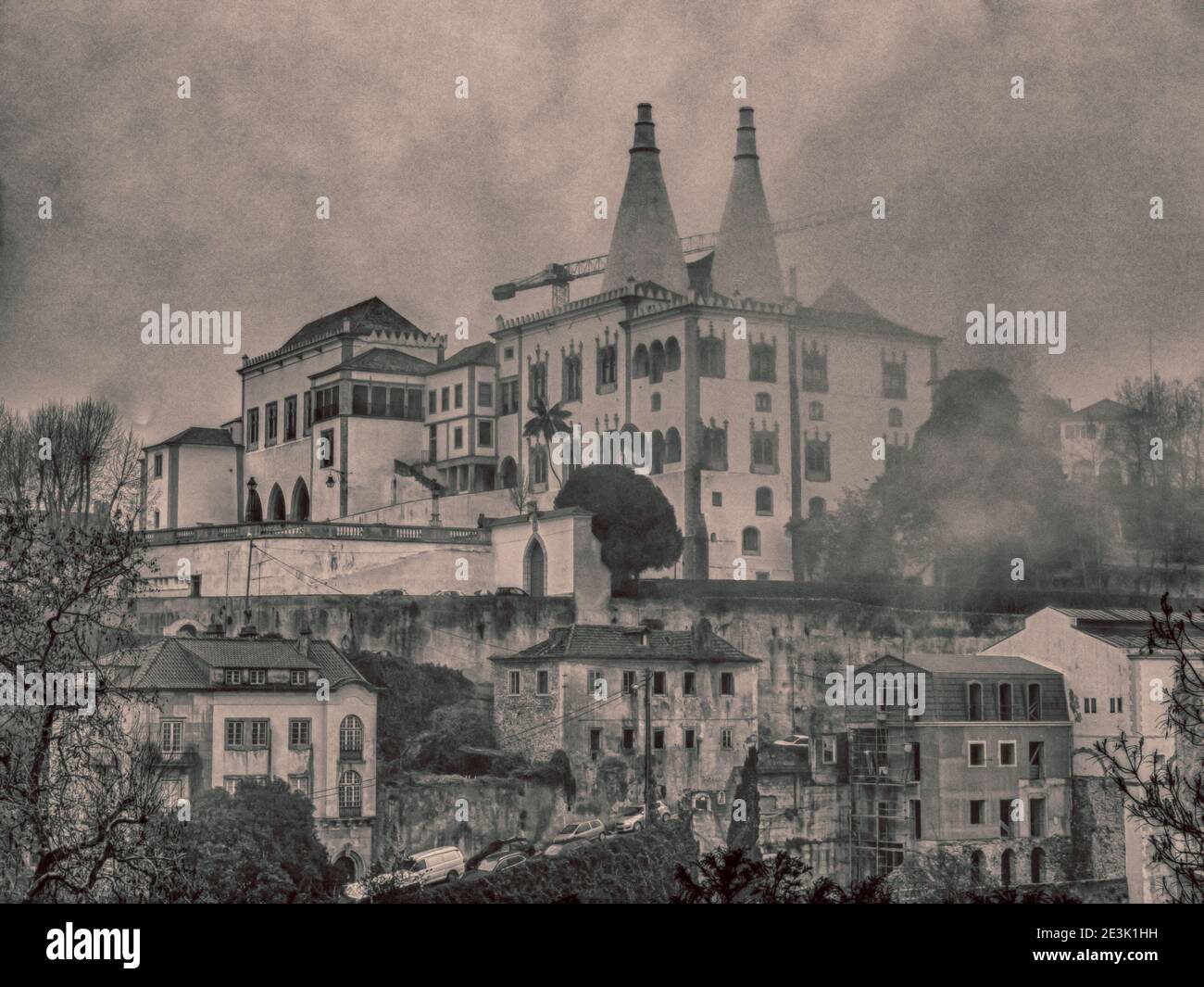Vintage photos of the Sintra National Palace on a hill during foggy ...