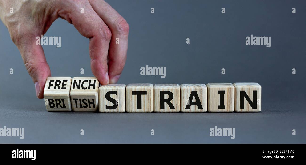 Covid-19 british and french strain symbol. Hand turns cubes and changes ...