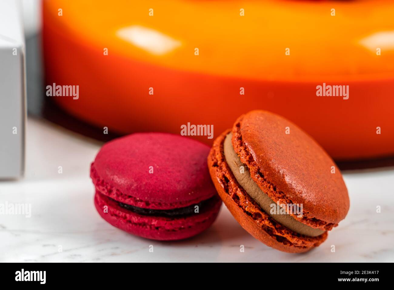 Orange, Mango, Raspberry Fruit Anniversary Birthday Cake and Colorful Homemade French Macarons ...