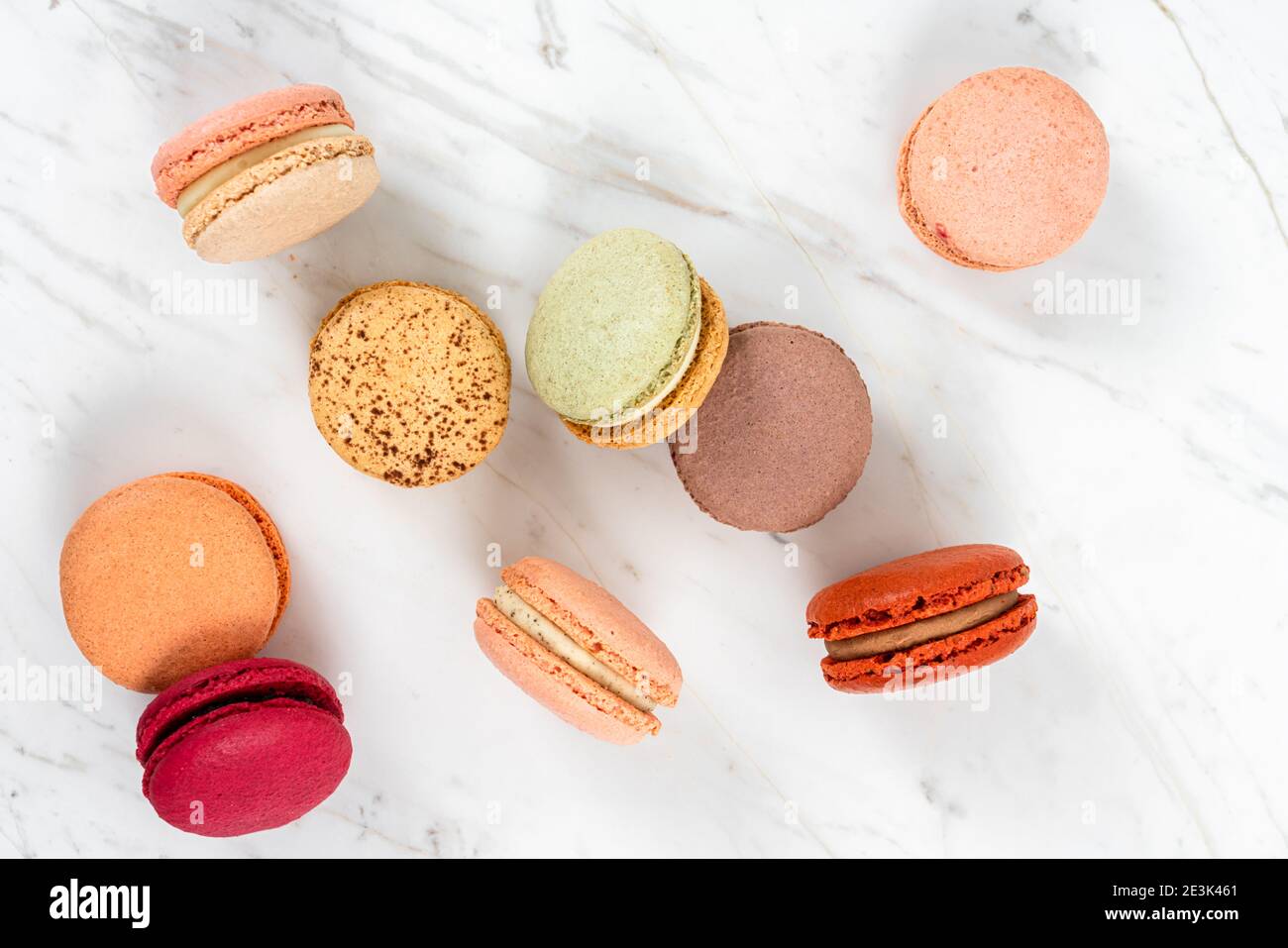 Colorful Fruity Macarons Flat Lay and Top View on White Marble Table ...