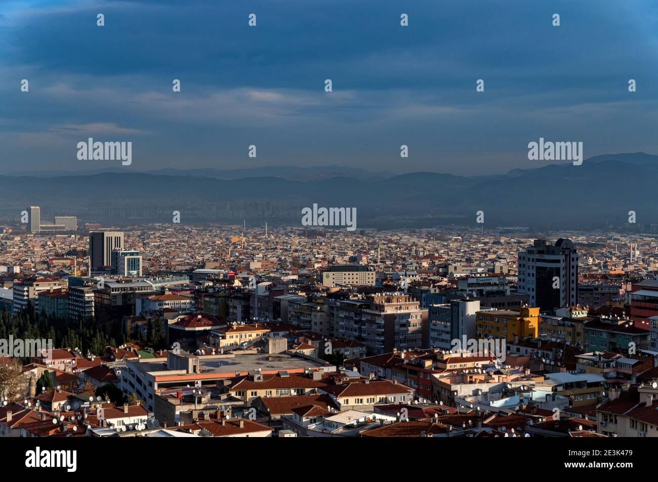 BURSA, TURKEY - 10 DECEMBER 2020: Panoramic view with dramatic coulds ...