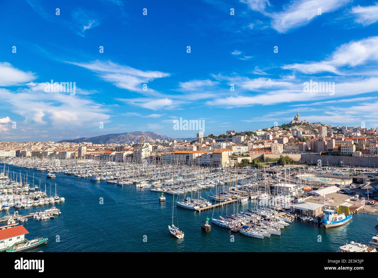 Aerial panoramic view on basilica of Notre Dame de la Garde and old ...