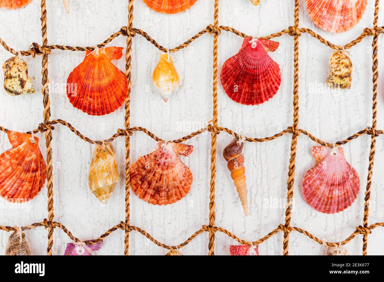 Composition of little sea shells on a fish net and white wooden ...