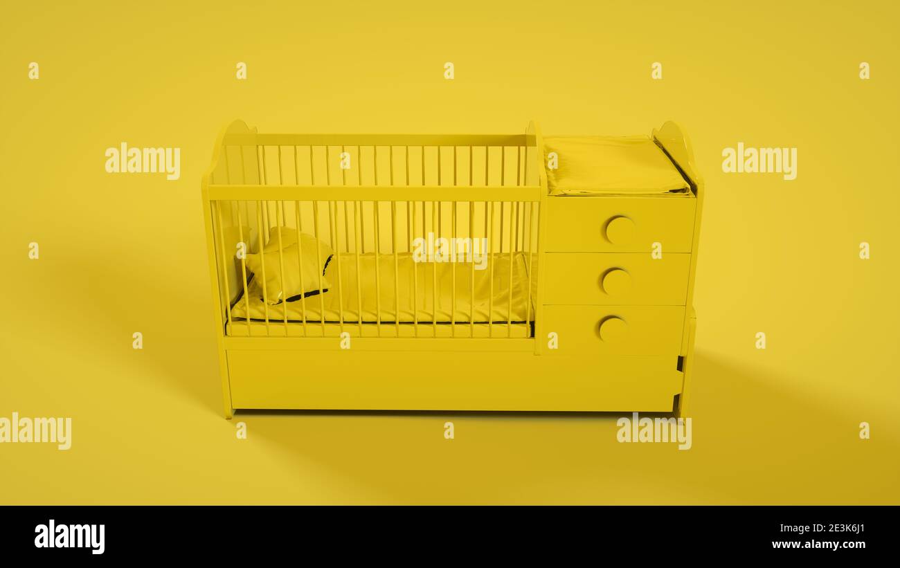 Wooden baby cot isolated on yellow background. 3d rendering Stock Photo ...
