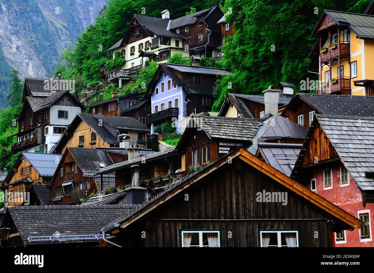 colorful old wooden houses in Hallstatt at the lake Stock Photo - Alamy