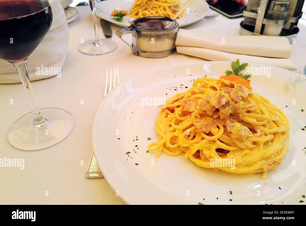 Venice, Italy: Spaghetti Carbonara an Italian pasta dish from Rome made ...