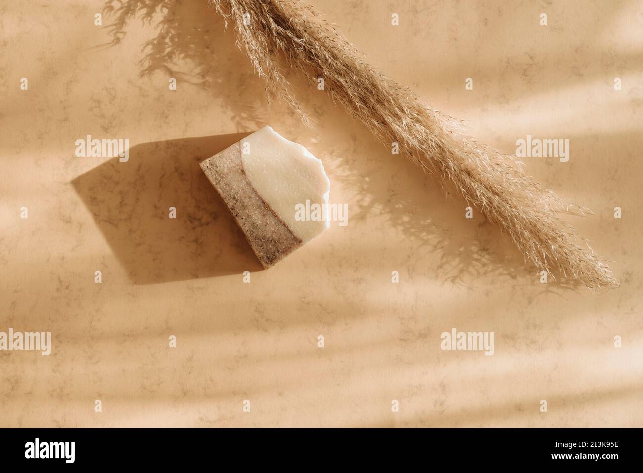 Handmade soap and pampas grass. Sunshade shadow on beige background ...