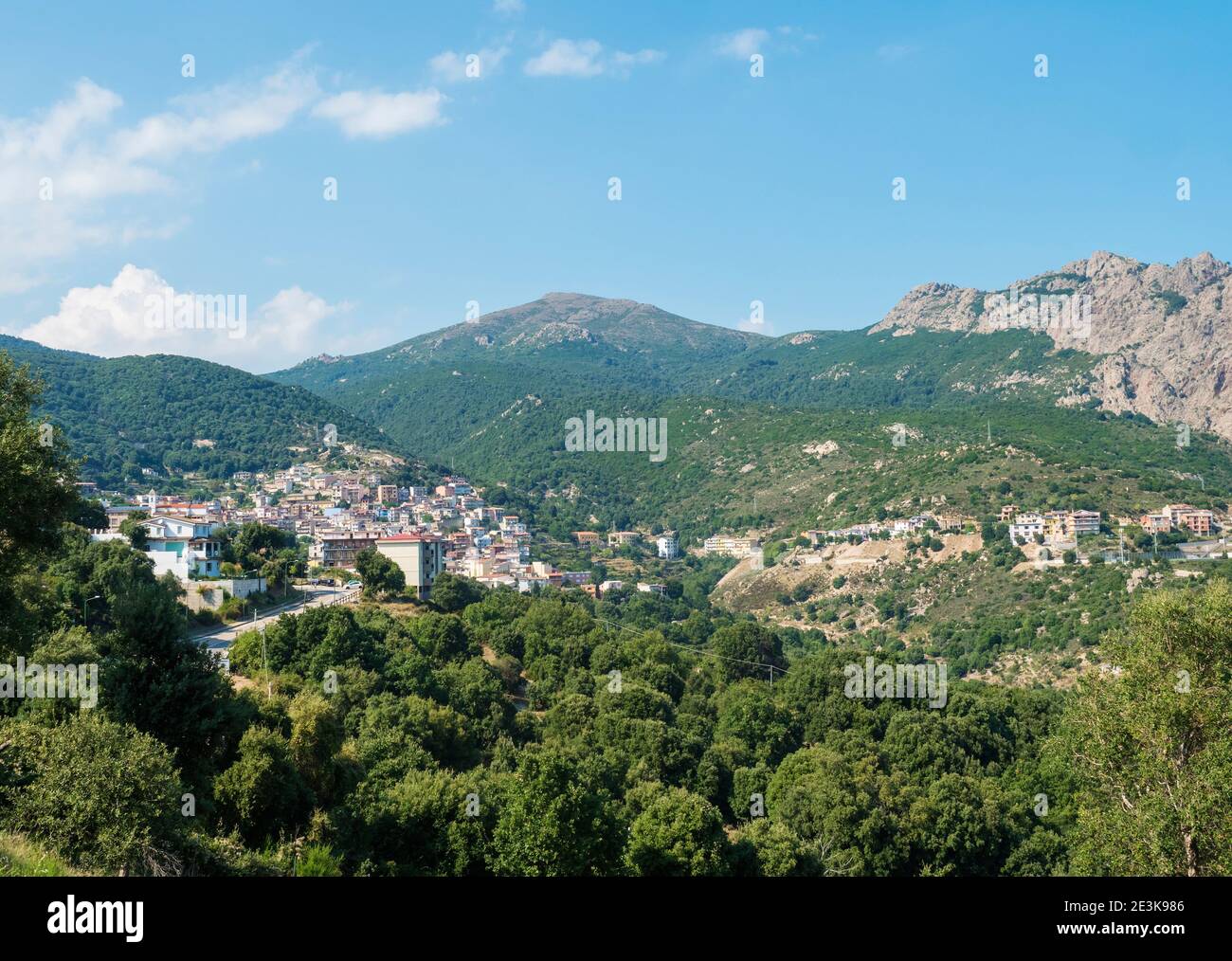 Aerial View of village Villagrande Strisaili with limestone rocks ...
