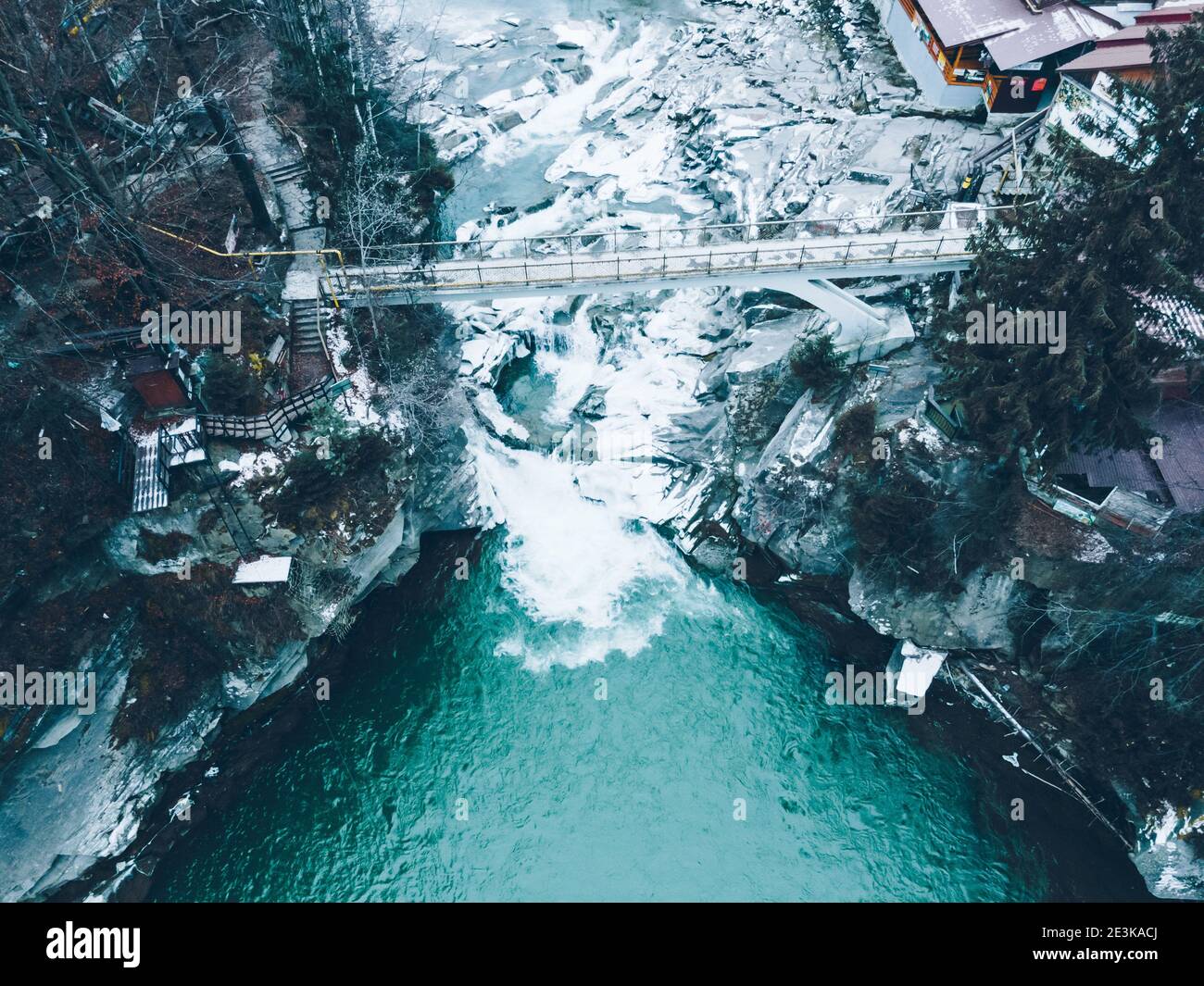 aerial view of waterfall in Yaremche village in carpathian mountains ...