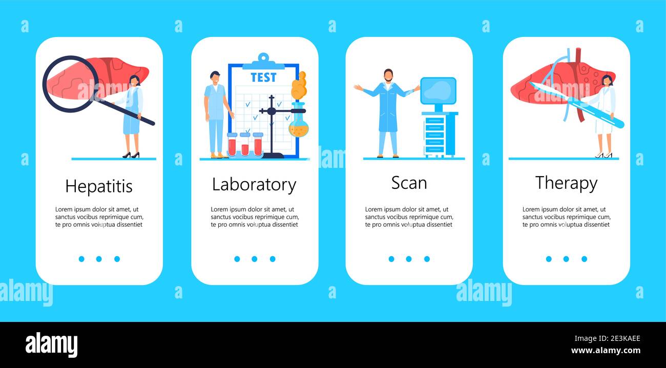 Hepatitis A, B, C, D, cirrhosis apps. World hepatitis day concept. Tiny ...