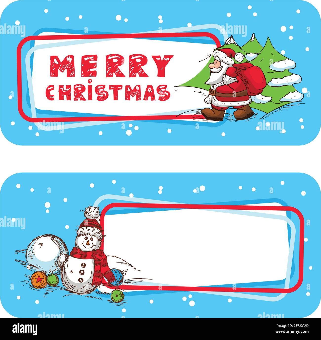 Christmas Season Vector Banner, Winter Labels With Snowman and Santa ...