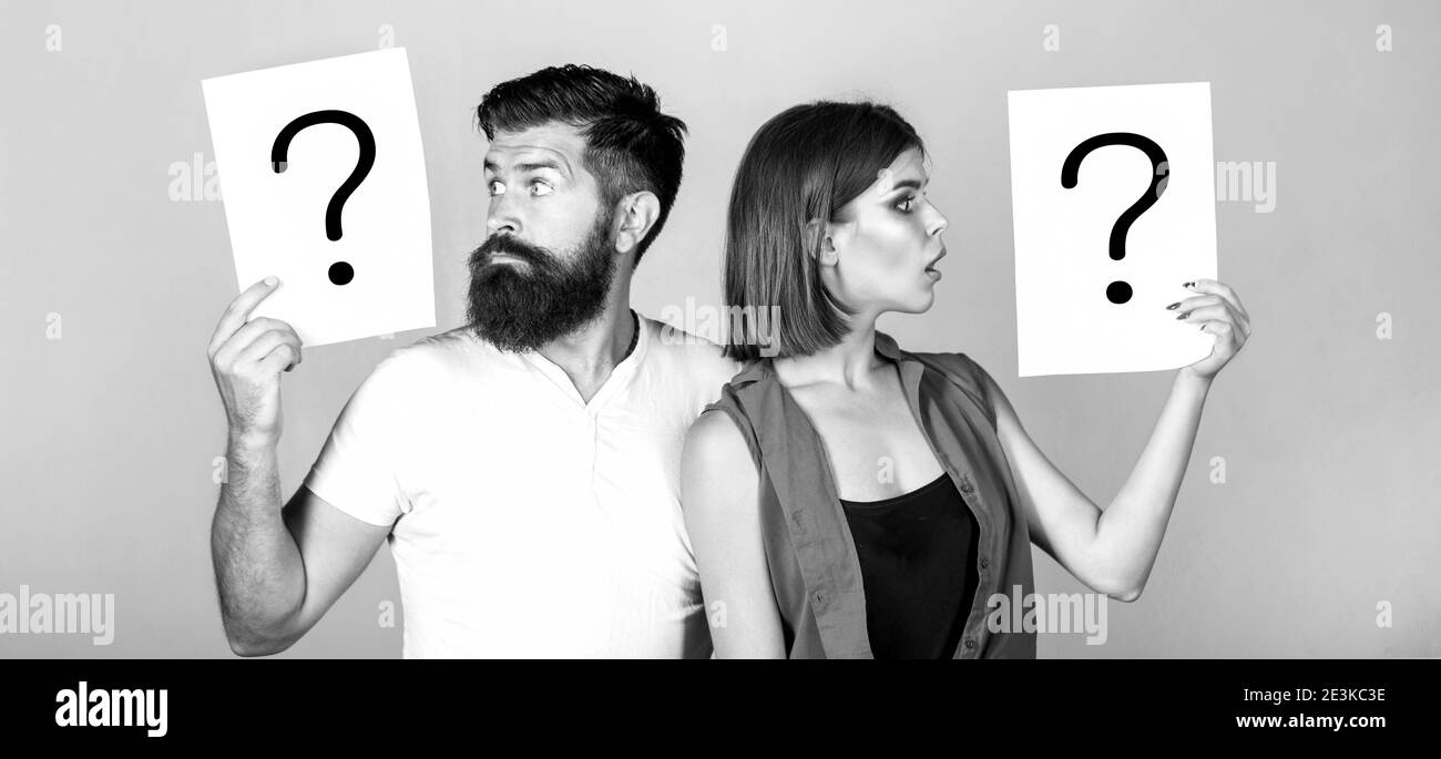 Confused couples with question marks. Conflict between two people ...