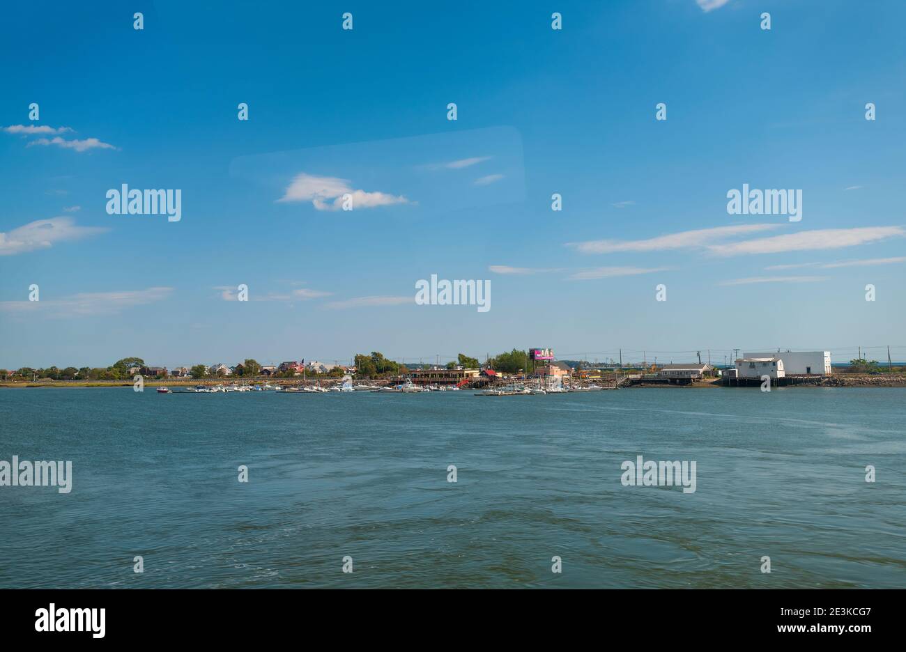 View of parts of Boston's bay and harbor seen from a window from inside ...