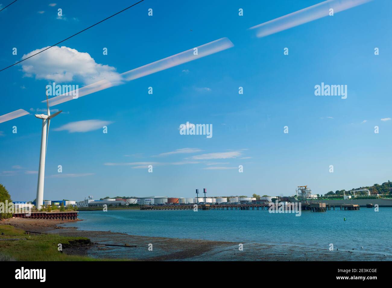 View of parts of Boston's bay and harbor seen from a window from inside ...