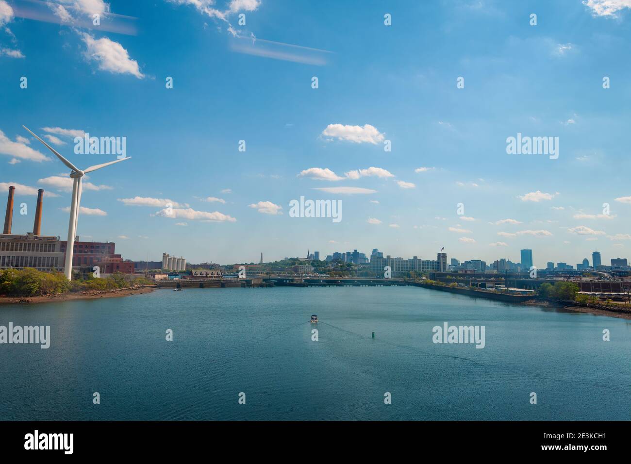 View of parts of Boston's bay and harbor seen from a window from inside ...