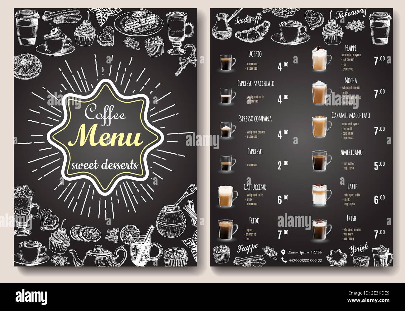 Coffee menu vector template. Front and back sides A4 paper format ... Coffee menu vector template. Front and back sides A4 paper format ...