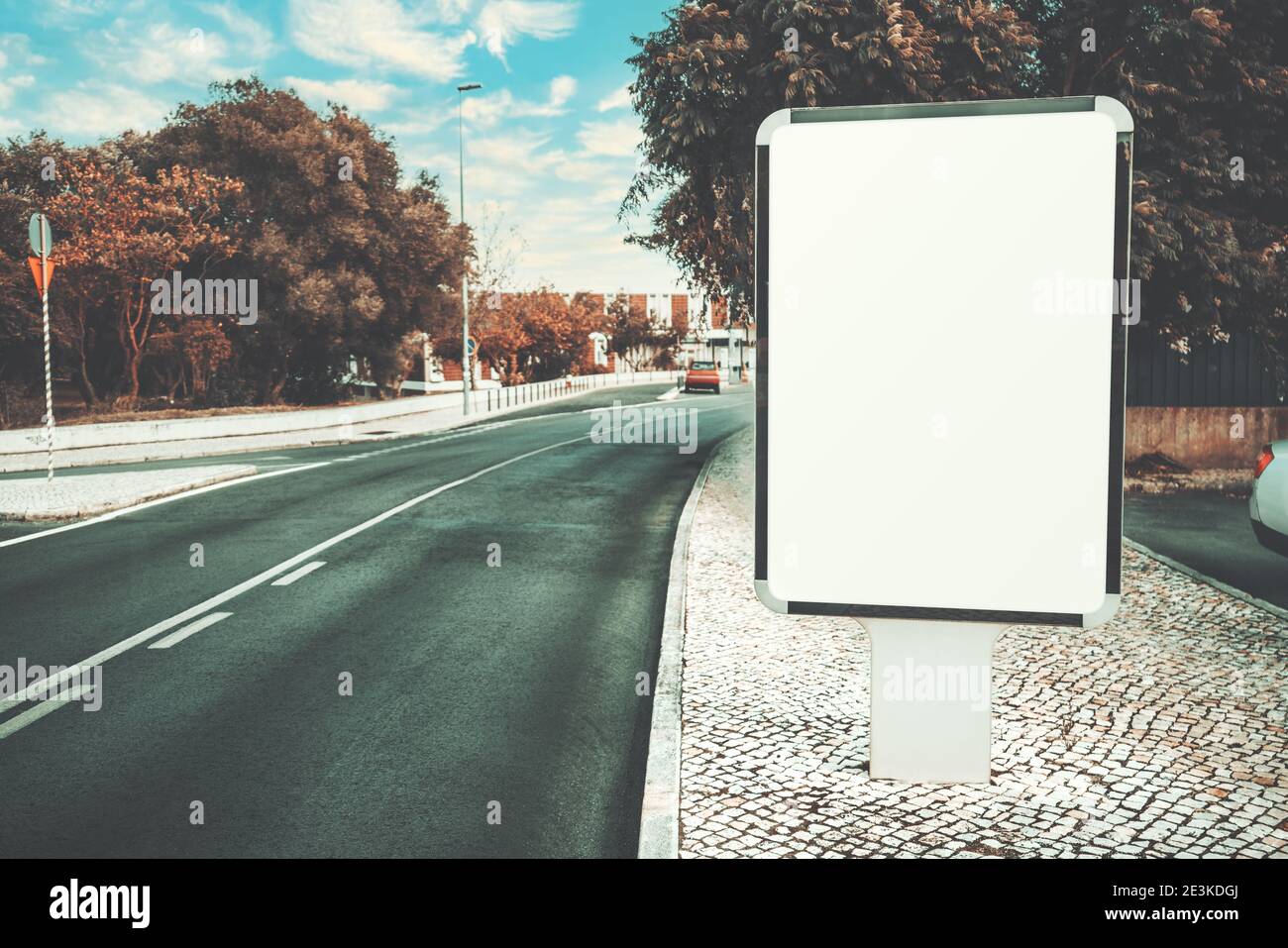 The mockup of a vertical empty ad banner on the paving stone; the ...