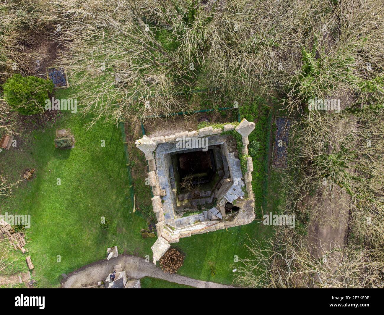 Old kea church and tower aerial drone photograph from above cornwall ...