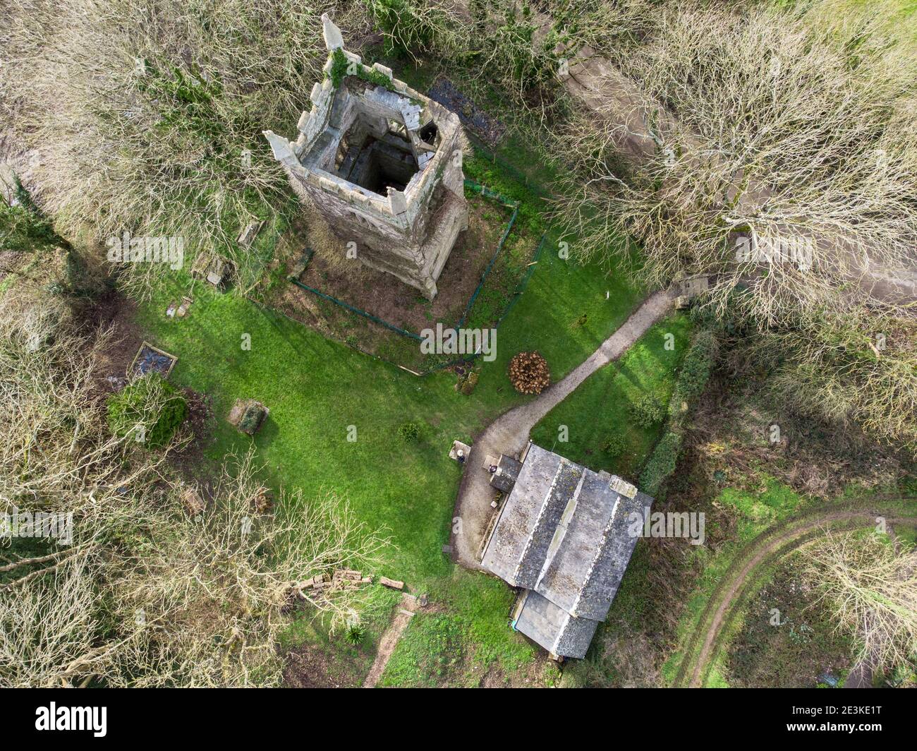 Old kea church and tower aerial drone photograph from above cornwall ...