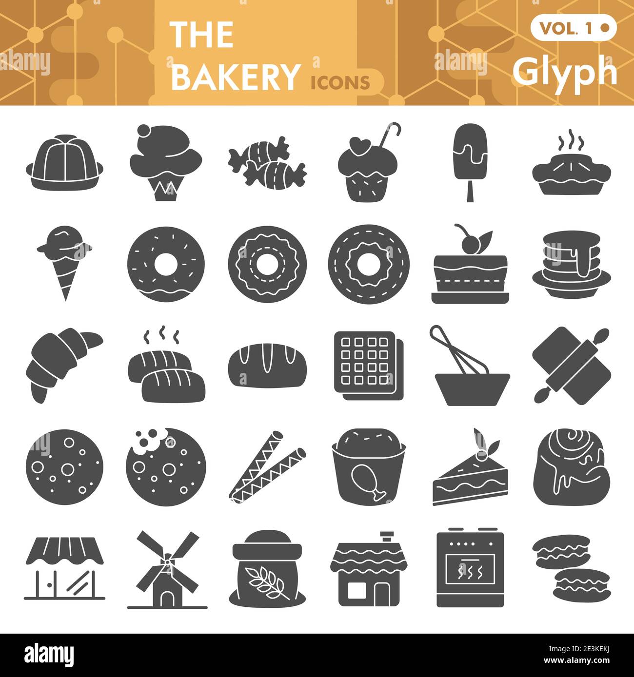Bakery solid icon set, pastry symbols collection or sketches. Dessert ...