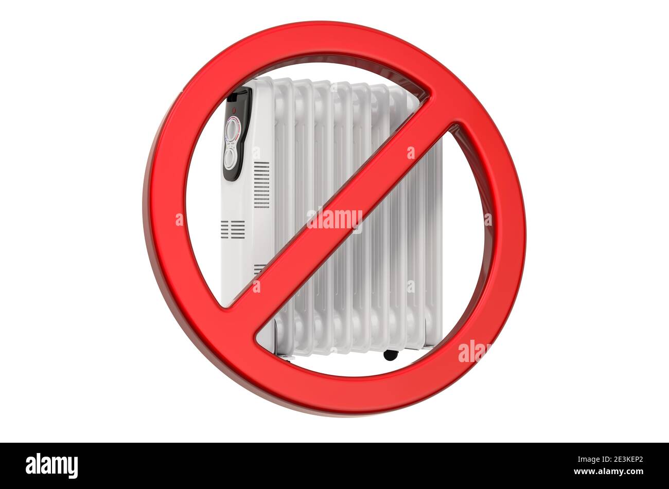 Forbidden sign with oil-filled heater. 3D rendering isolated on white ...