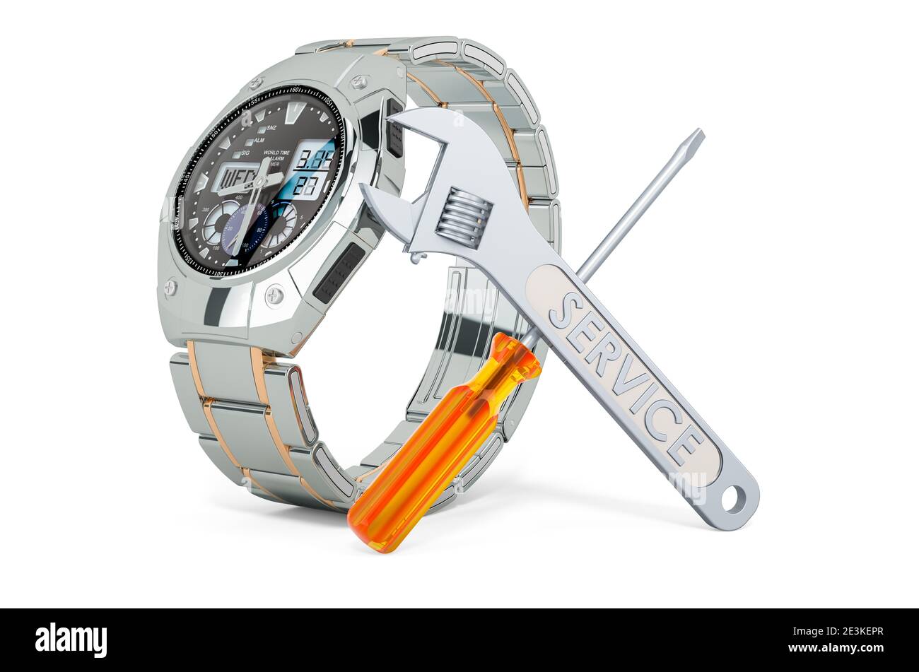 Service and repair of analog digital watch, 3D rendering isolated on ...