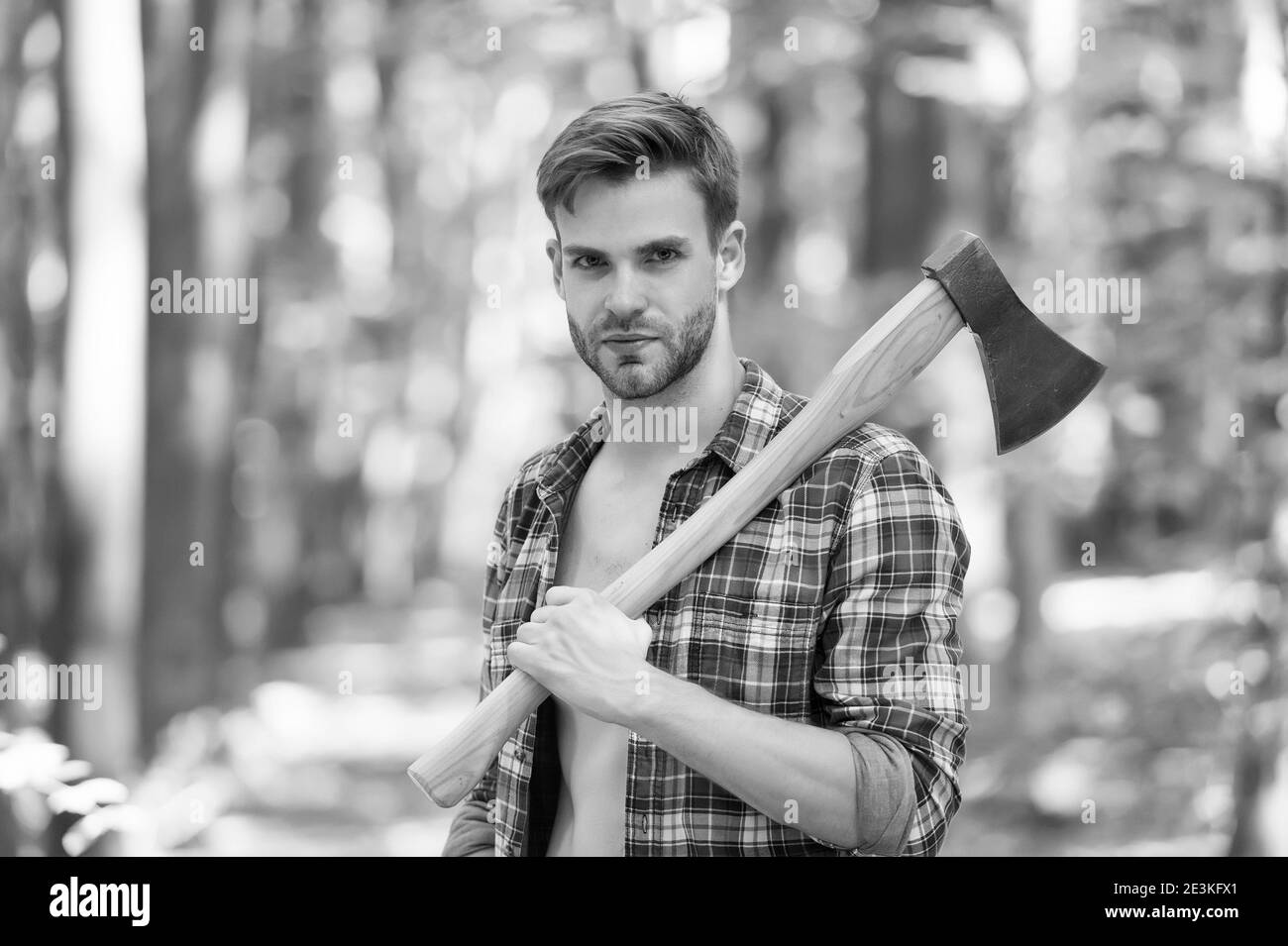 Logging season. Lumberman carry axe in forest. Forestry logging ...