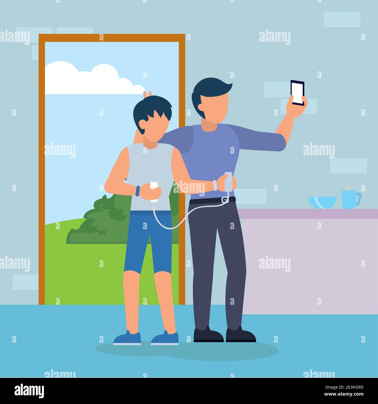 men with smartphone taking selfie in home room design of Activity ...