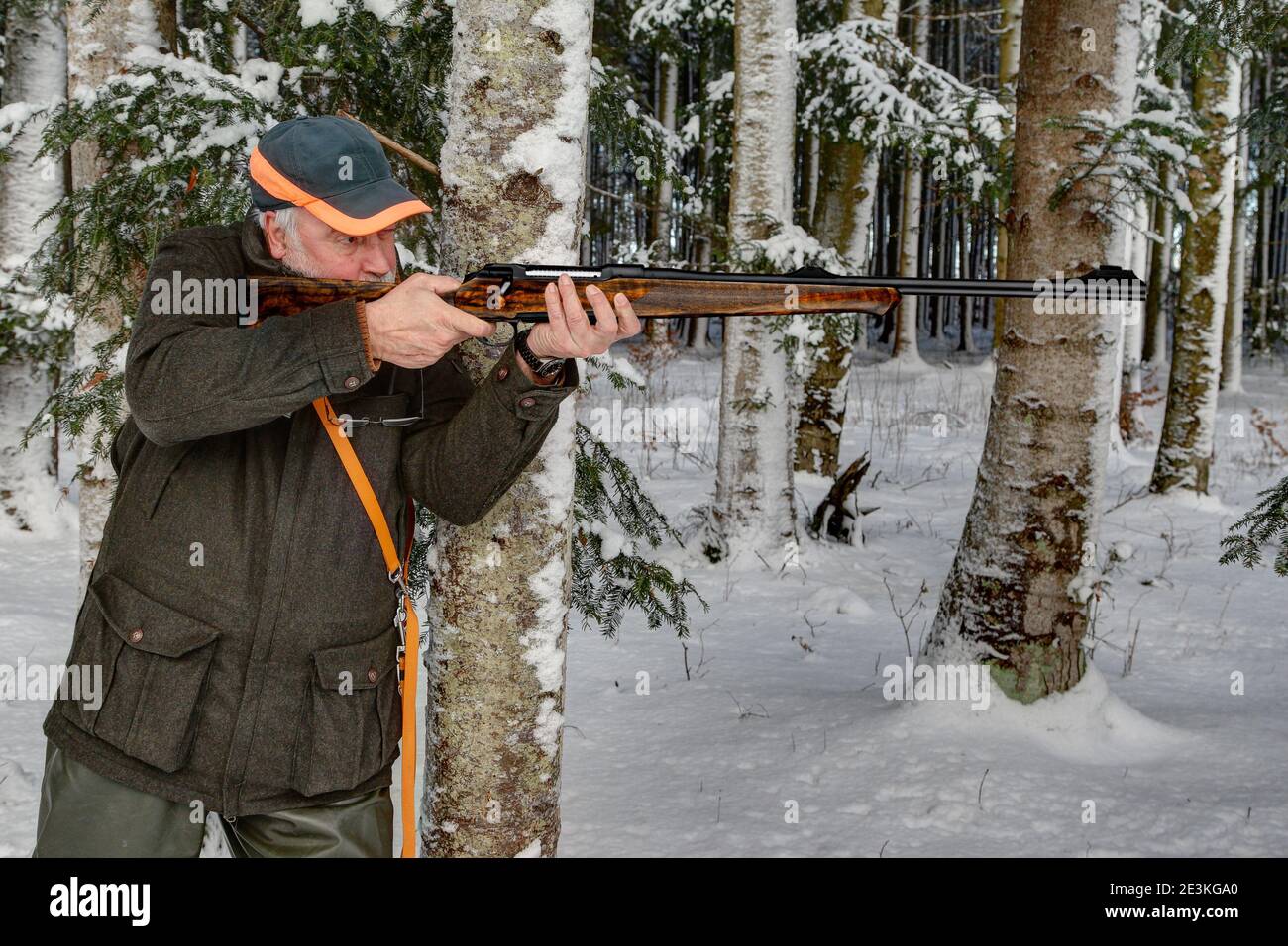 In the snow-covered winter forest, an experienced, old hunter leans ...