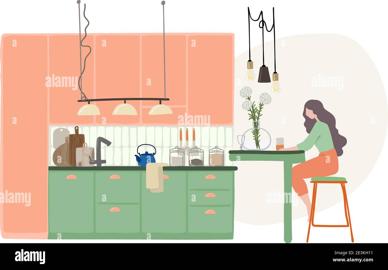 Vector drawing of woman sitting in the kitchen, stay at home concept ...
