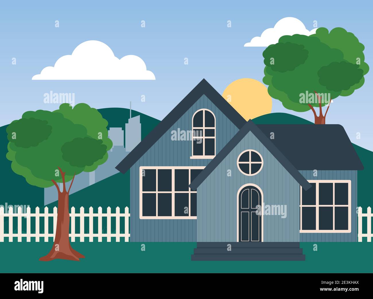 blue house at landscape design, Home real estate and building theme ...